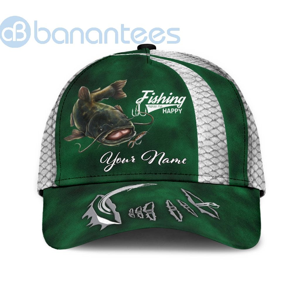 Custom Name Catfish Fishing Hat Hook Painting Print Cap - Banantees