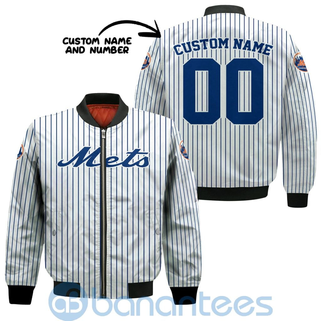 New York Mets Stripes Custom Name Number Bomber Jacket - Banantees