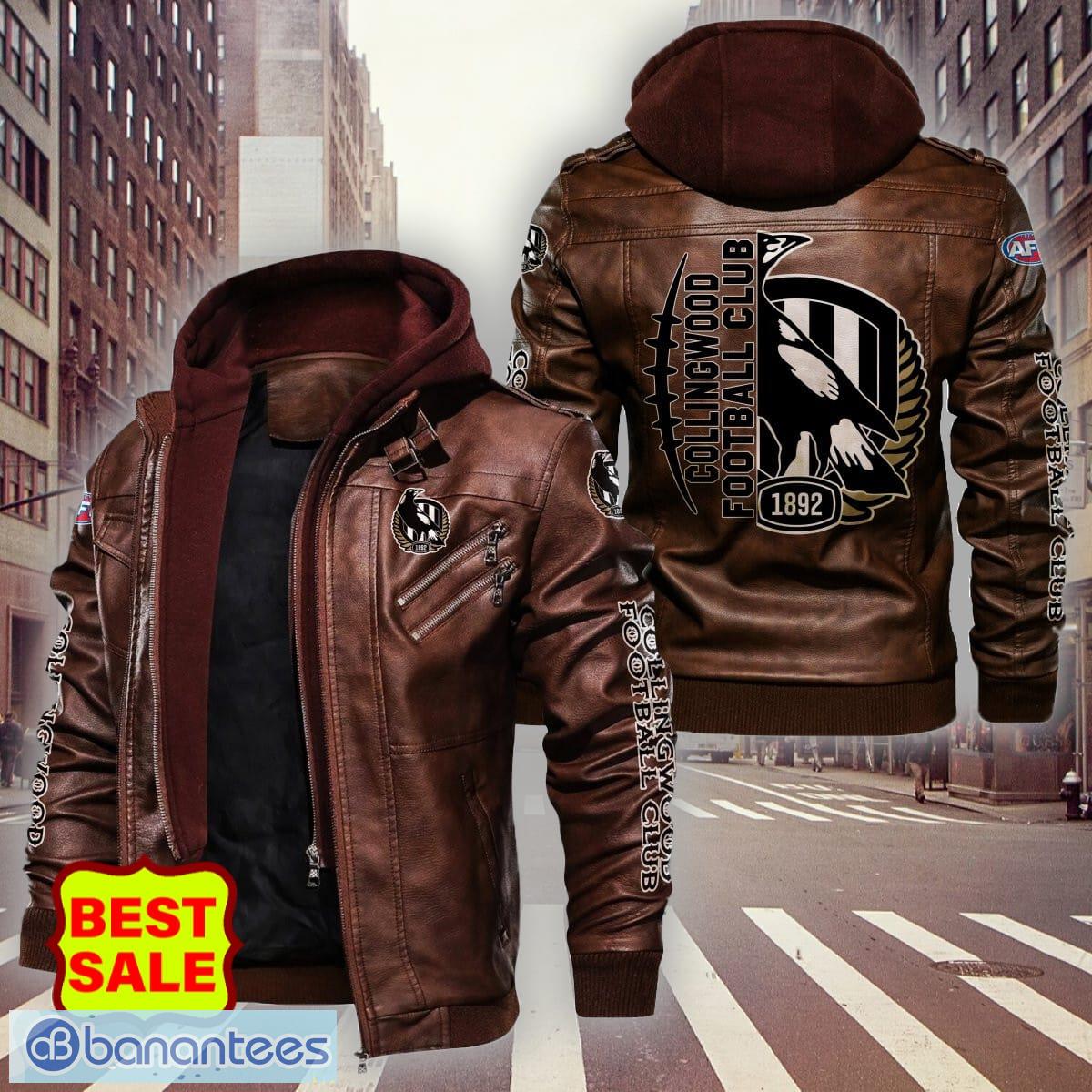 AFL Collingwood Football Club Logo Brown And Black Leather Jacket For ...