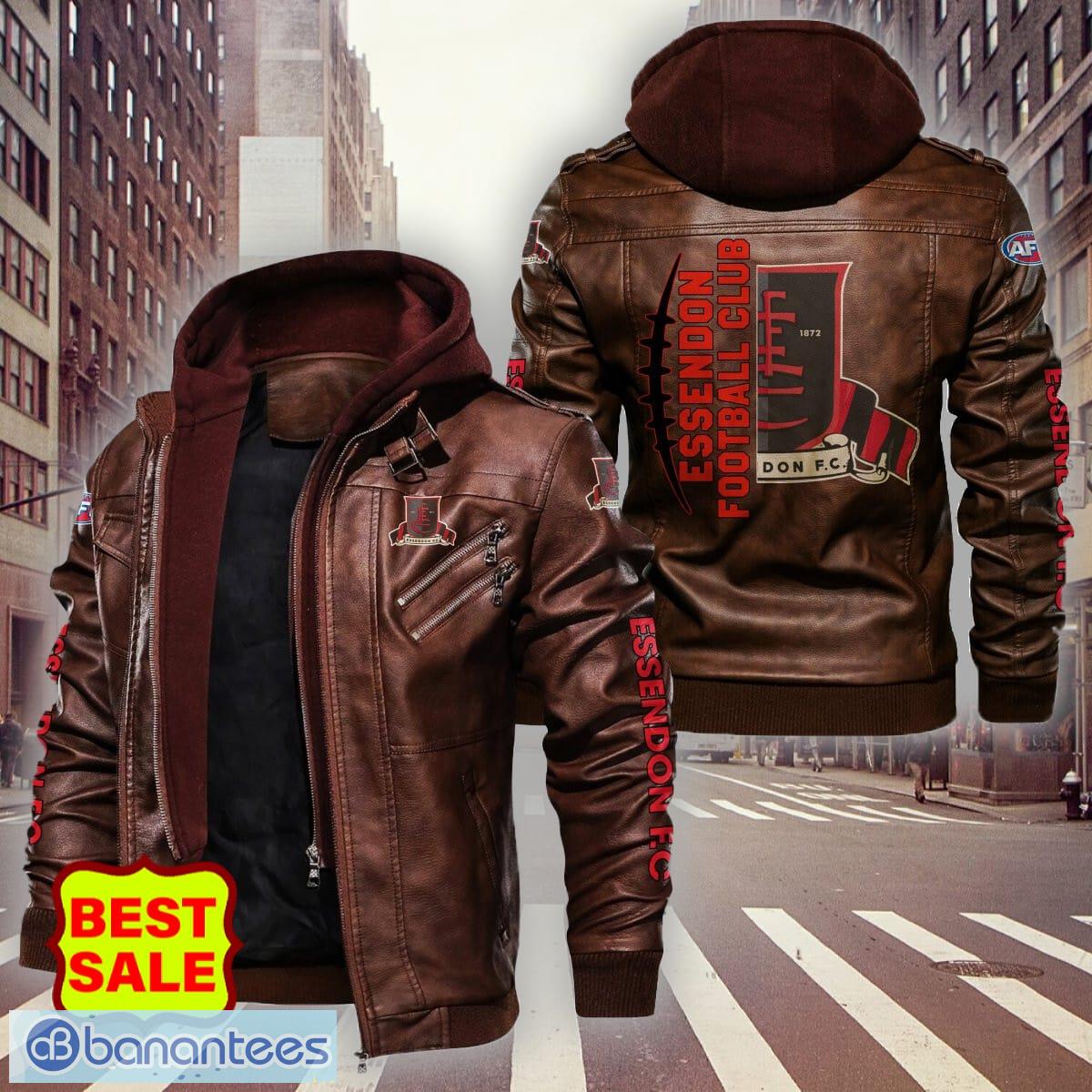 AFL Essendon Football Club Design 7 Logo Black And Brown Leather Jacket ...