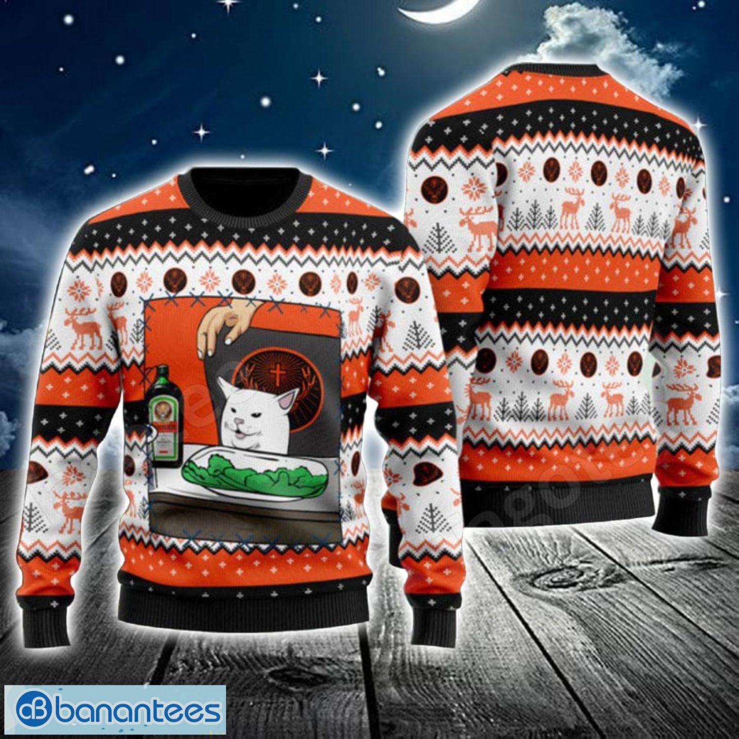Jagermeister Cat Meme Merry Xmas Full Print 3D Ugly Sweater - Banantees