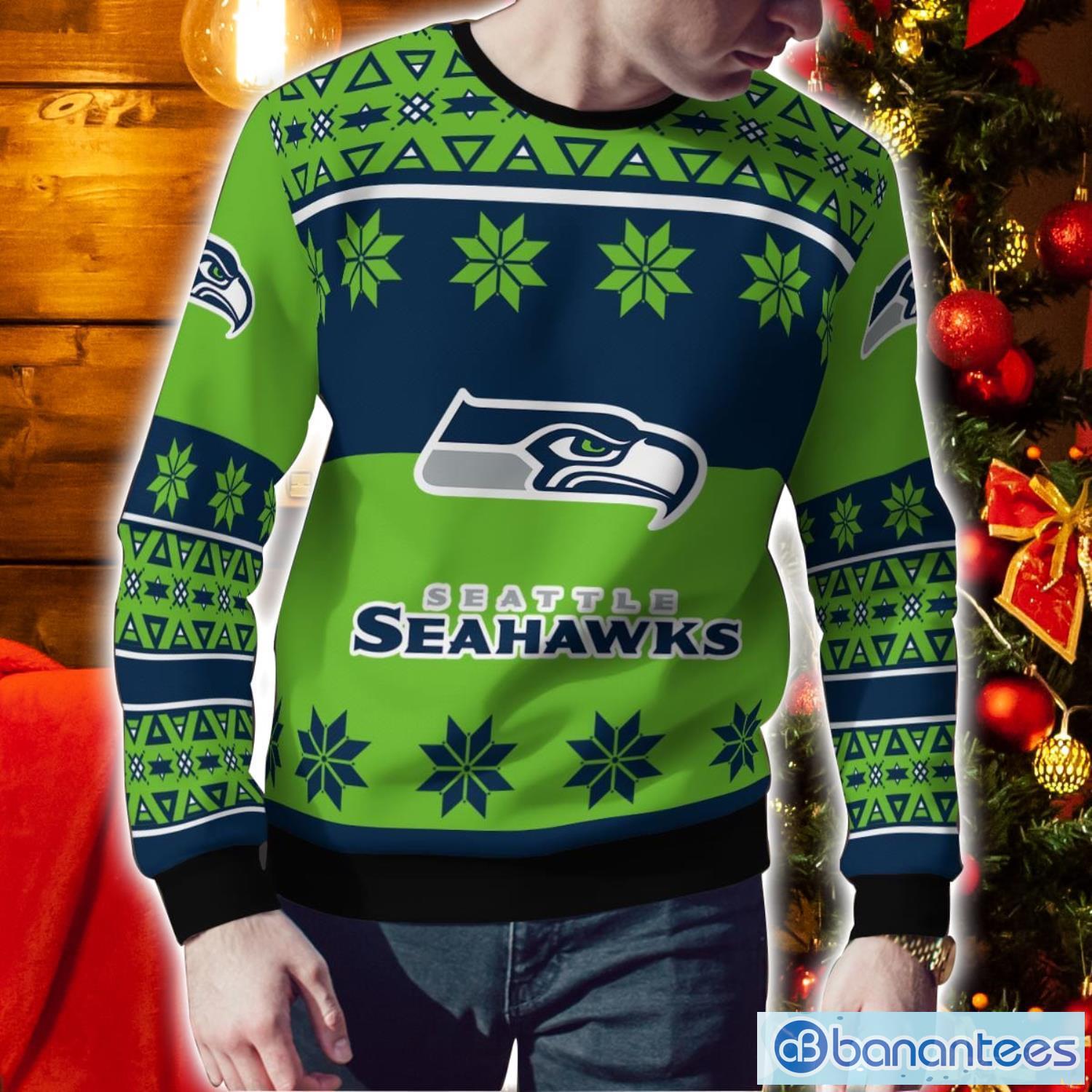Seattle Seahawks Logo Big Snowflake Pattern Ugly Christmas Sweater For ...