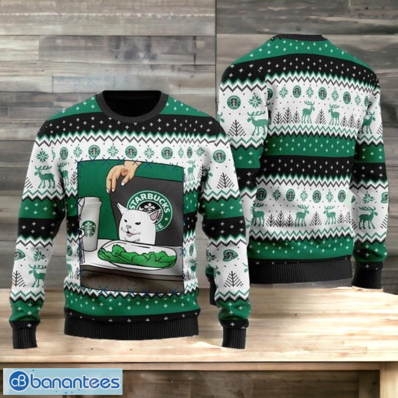 Starbucks Cat Meme Christmas Ugly Sweater - Banantees
