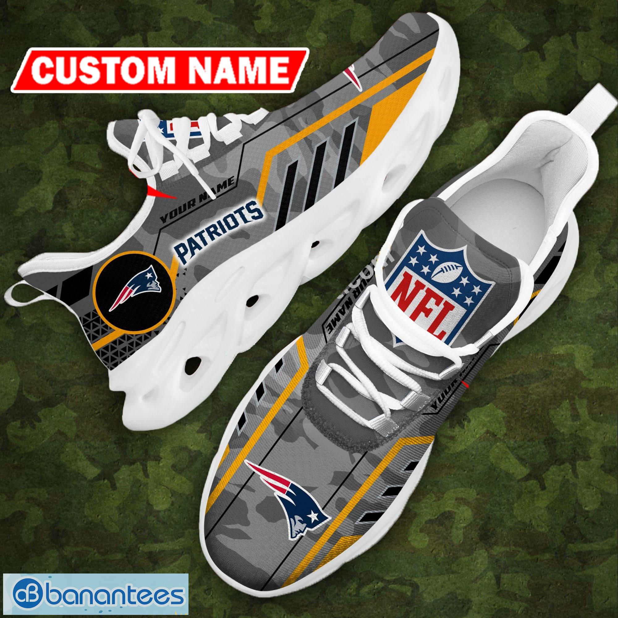 Custom Name NFL New England Patriots Logo Running Shoes Grey Camo Max ...