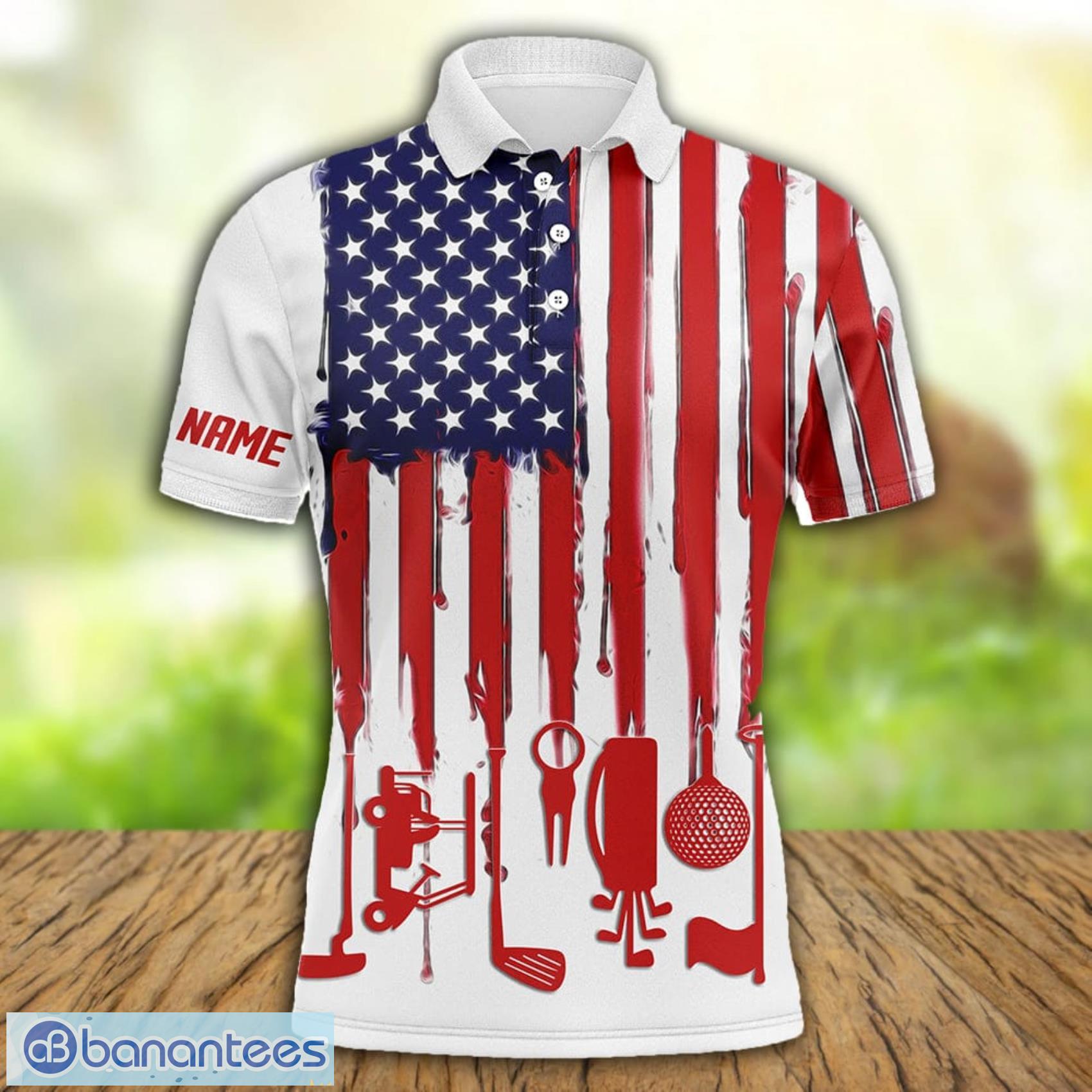 American Flag White Shirt Custom Name Mens Patriotic AOP Print Golf ...