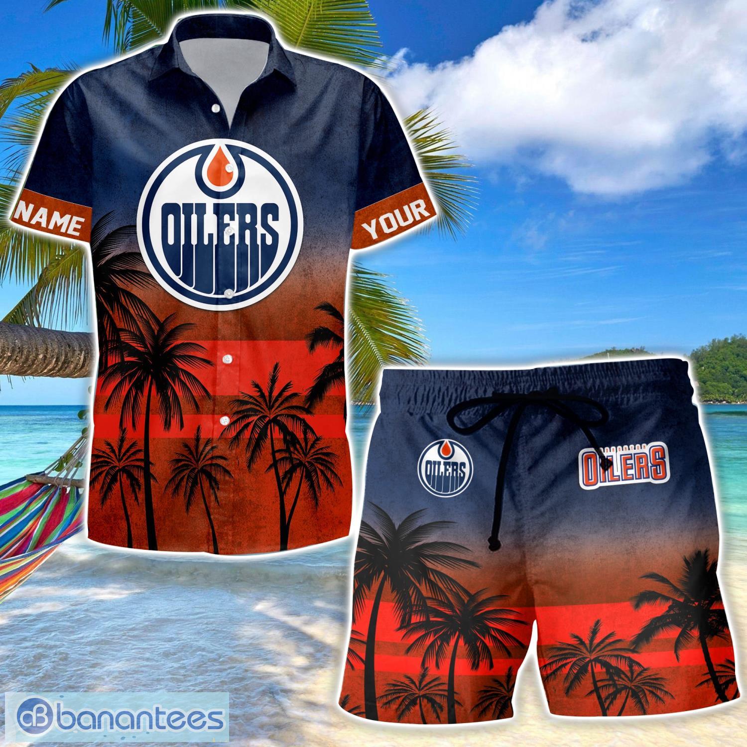 Edmonton Oilers Nhl Custom Name Beach Palm Tree Hawaiian And Shorts Banantees