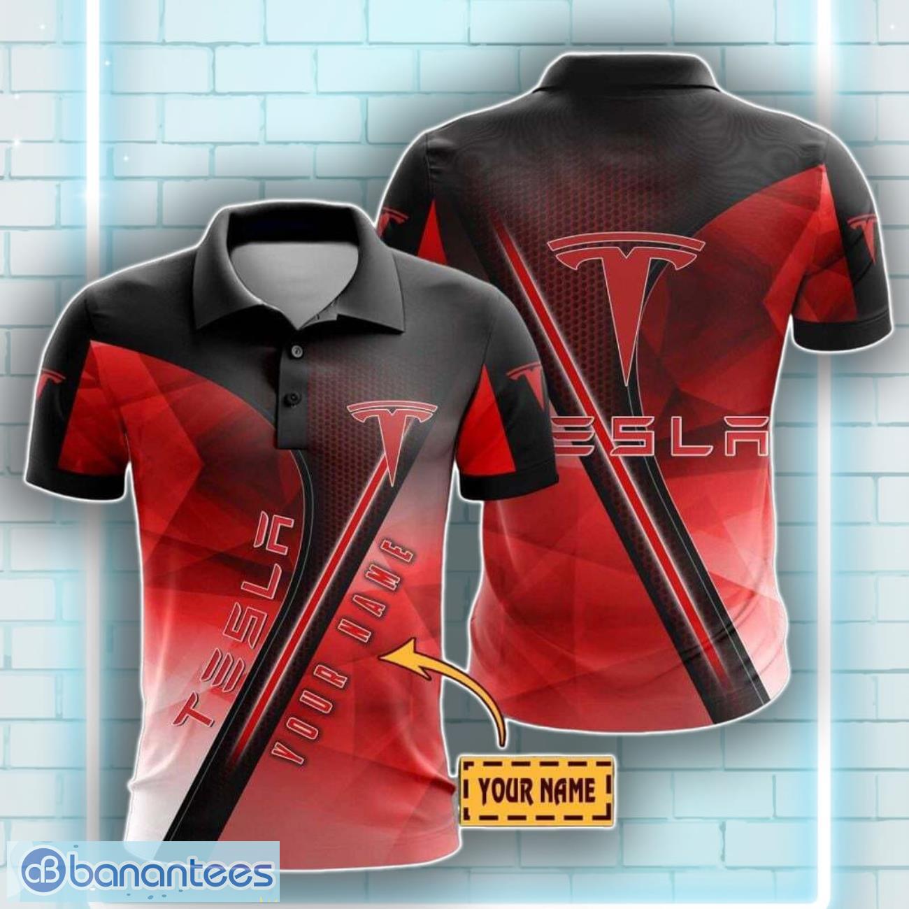 Tesla Logo Hexagon Pattern 3D Polo Shirt Custom Name Edition For Men ...