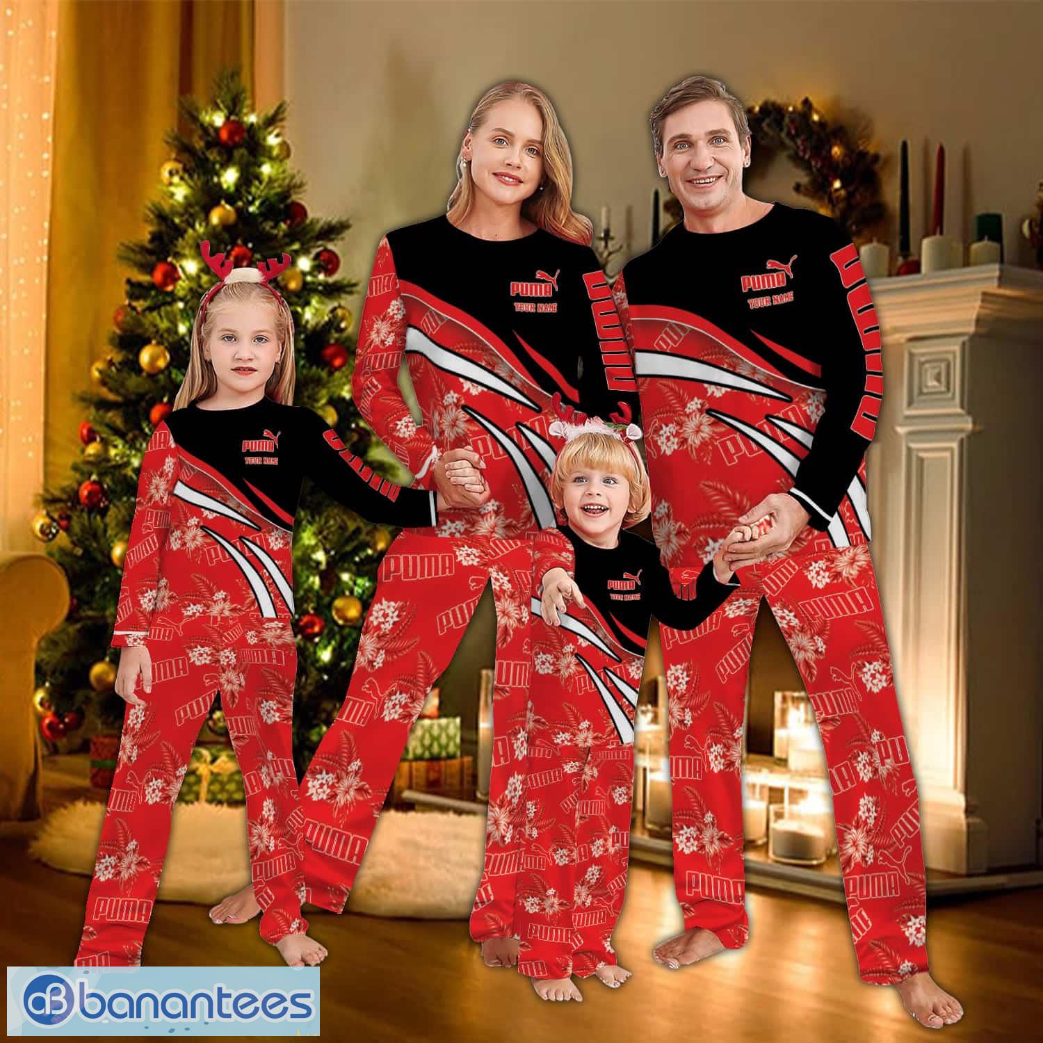 Custom Name Puma Logo Team Family Pajamas Set Flower - Banantees