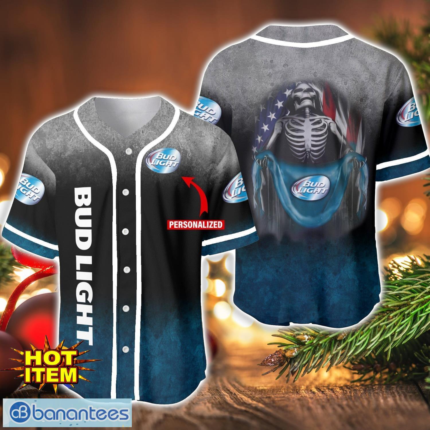 Bud Light Skull USA Flag Baseball Jersey Shirt Personalized Name For ...
